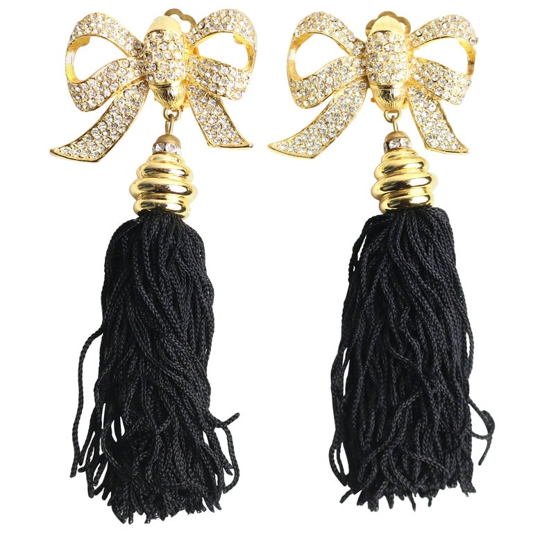 Escada Gold Toned with Rhinestones Ribbon Shape Tassel Clip On Earrings ...