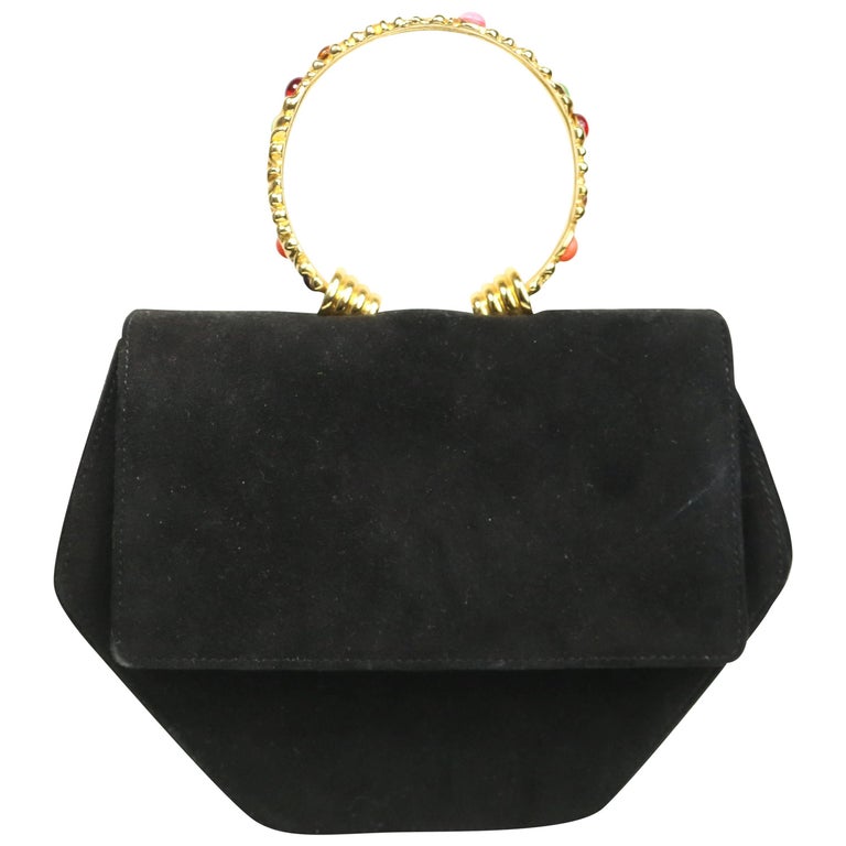 Rodo Black Suede Gold Toned Handle with Colour Stones Octagon Shoulder ...