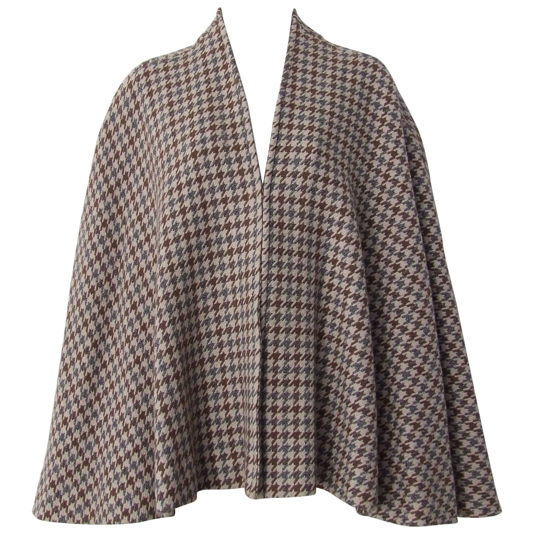 Hermes Vintage Mantle Poncho Coat Cape Wrap Houndstooth Pattern Wool at ...