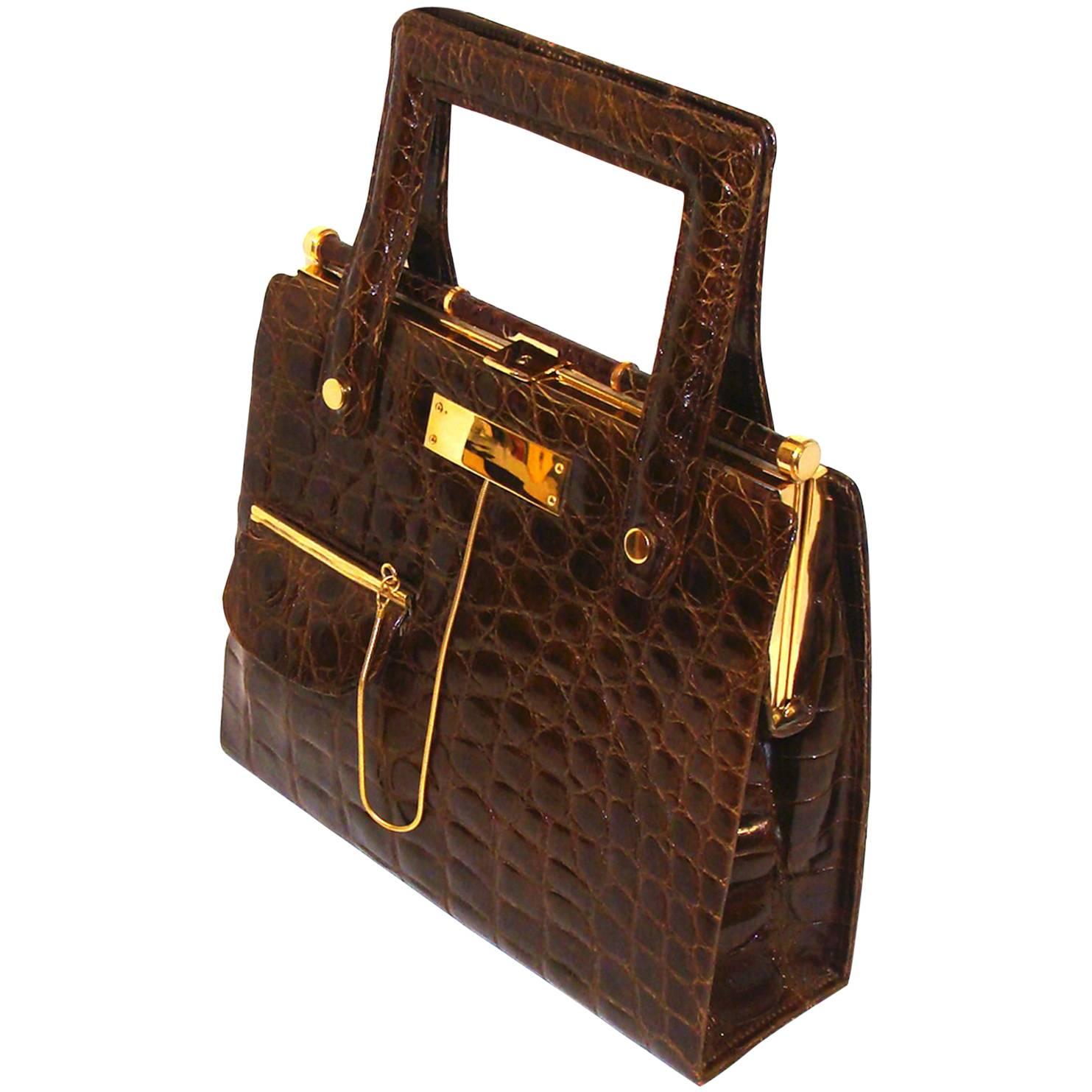 Large Architectural Handbag in Brown Alligator with Kangaroo Pocket at ...