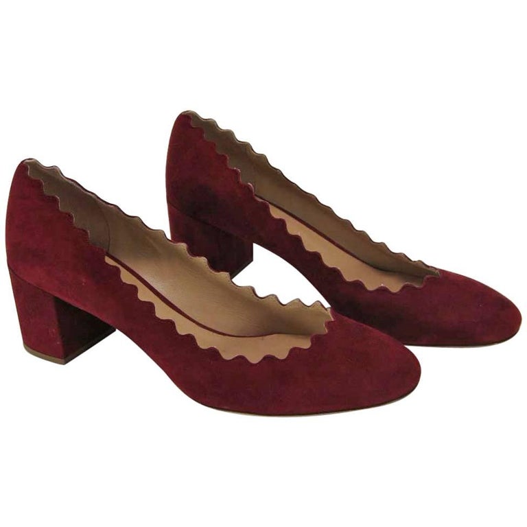 Chloe Burgundy Suede Lauren Heels with Scalloped Edges 39 at 1stDibs