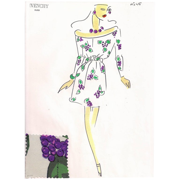 Givenchy Croquis of a Silk Grape Print Dress with Attached Fabric ...