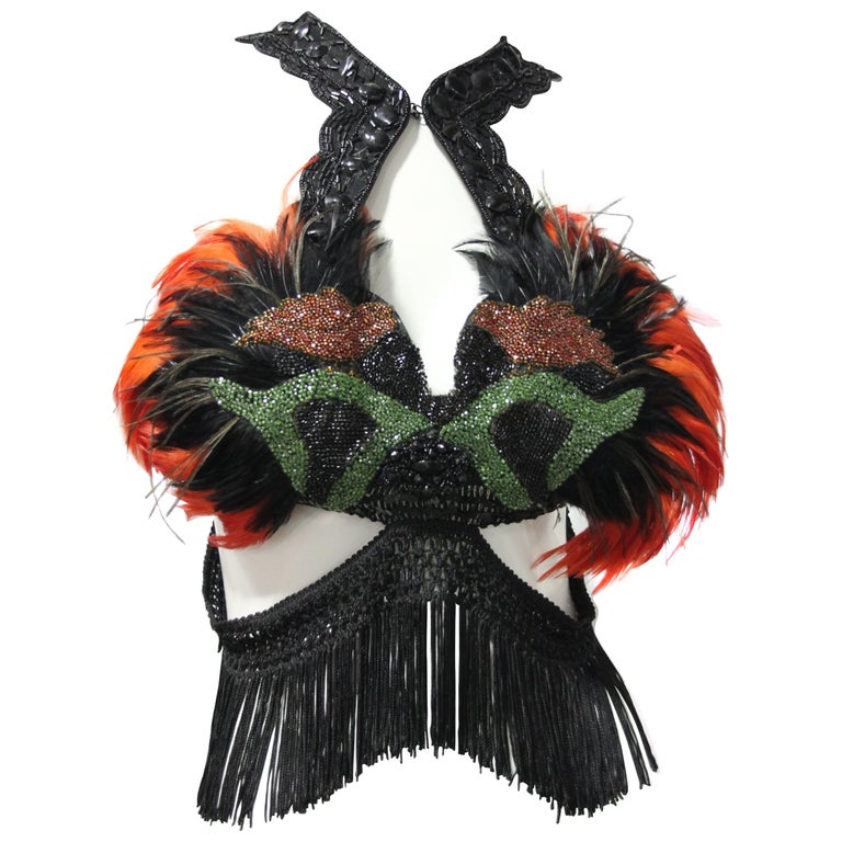 Avant Garde Burlesque Bralette with Beading and Feather Embellishments ...