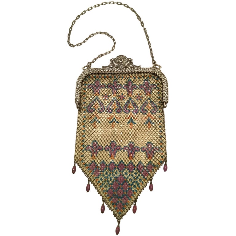 Mandalian Art Deco Chainmail Metal Bag with Enamel Bead Fringe, 1920s ...