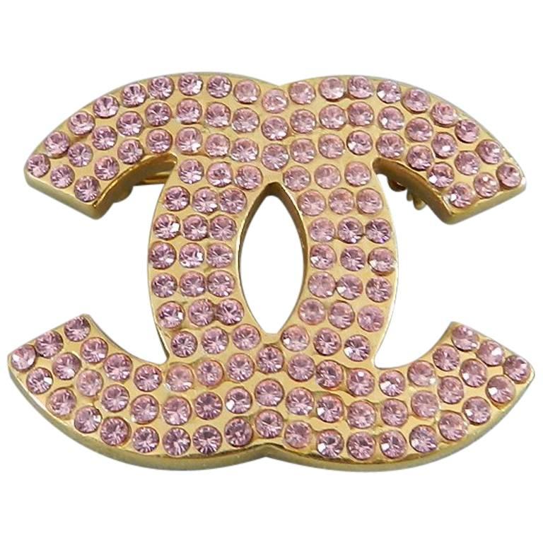 Chanel pink and gold CC logo Brooch Pin at 1stDibs