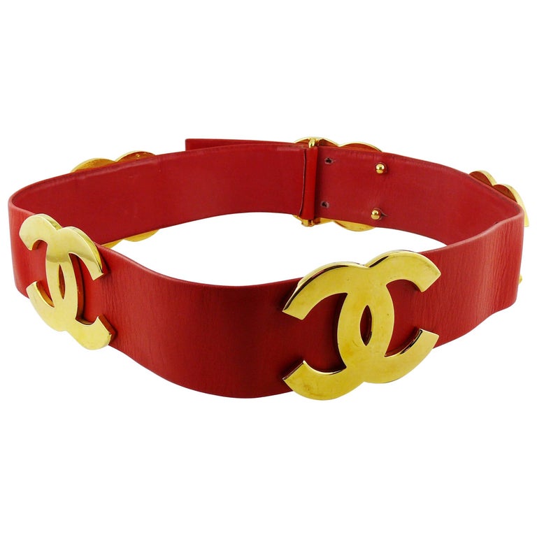 Chanel Vintage Iconic Red Leather Wide Belt with Large CC Logos Size ...