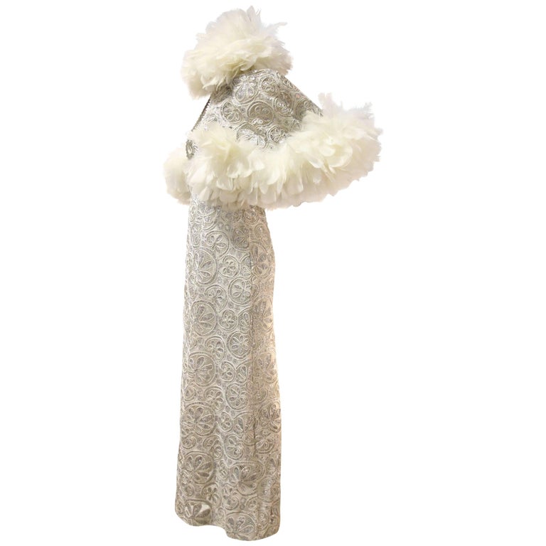 1960s Silver Couched Lace Halter Gown w Caplet Trimmed in White Turkey ...