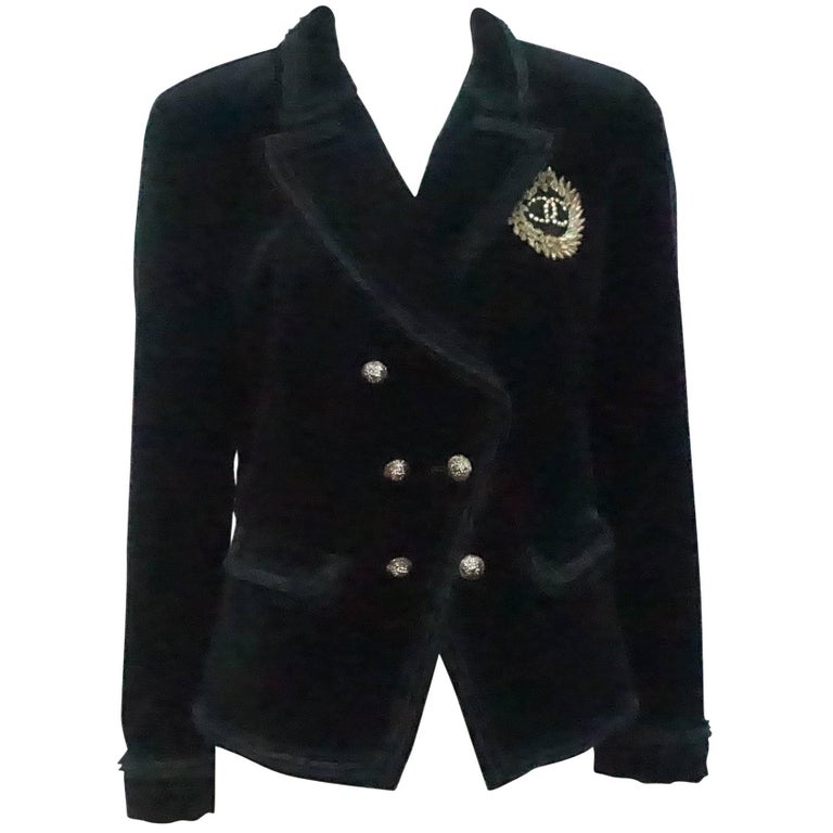Chanel Black Velvet Jacket with Fringe Detail and Gold Beaded Crest ...