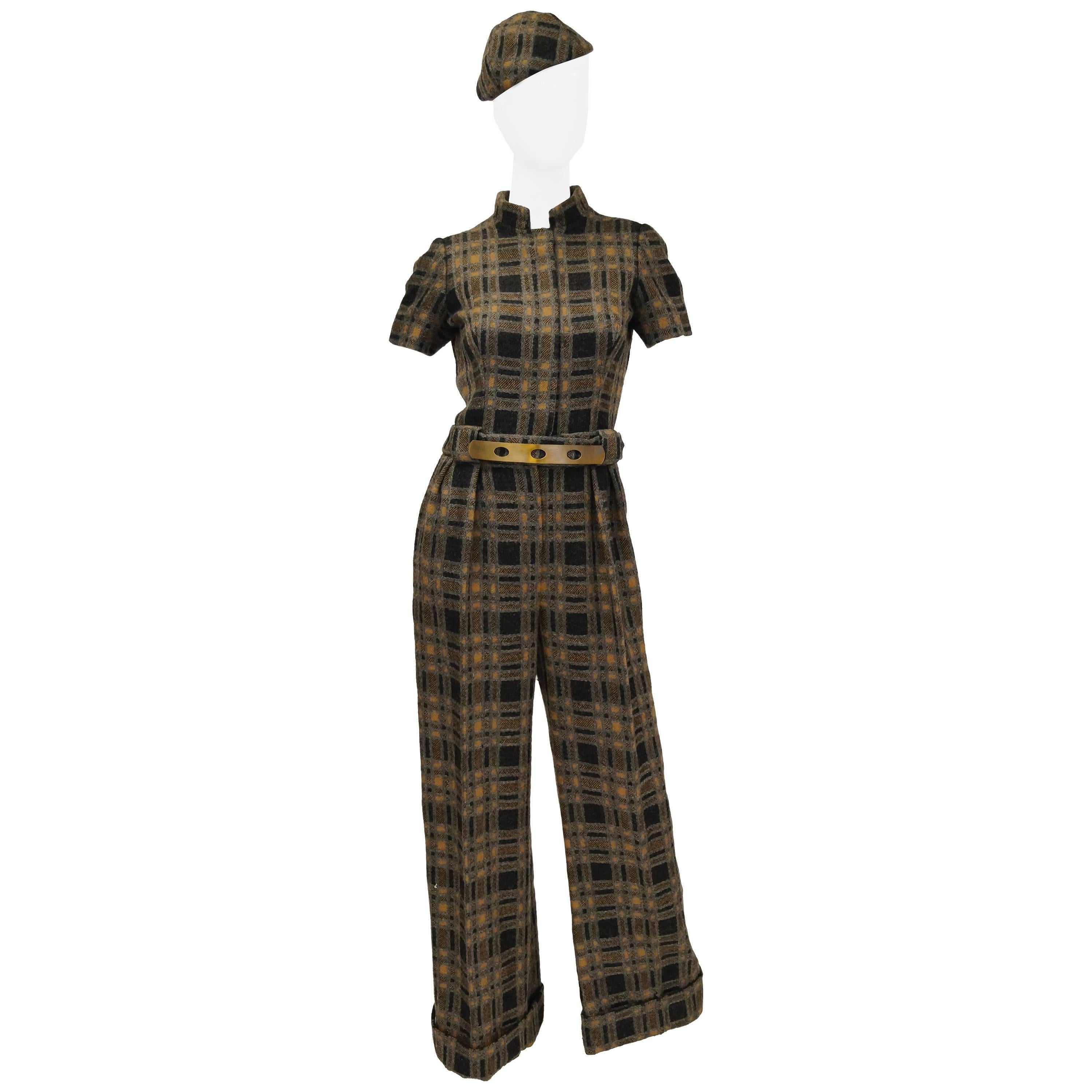 1970s Cardinali Sample Tweed Jumpsuit and Hat 2-4 at 1stDibs