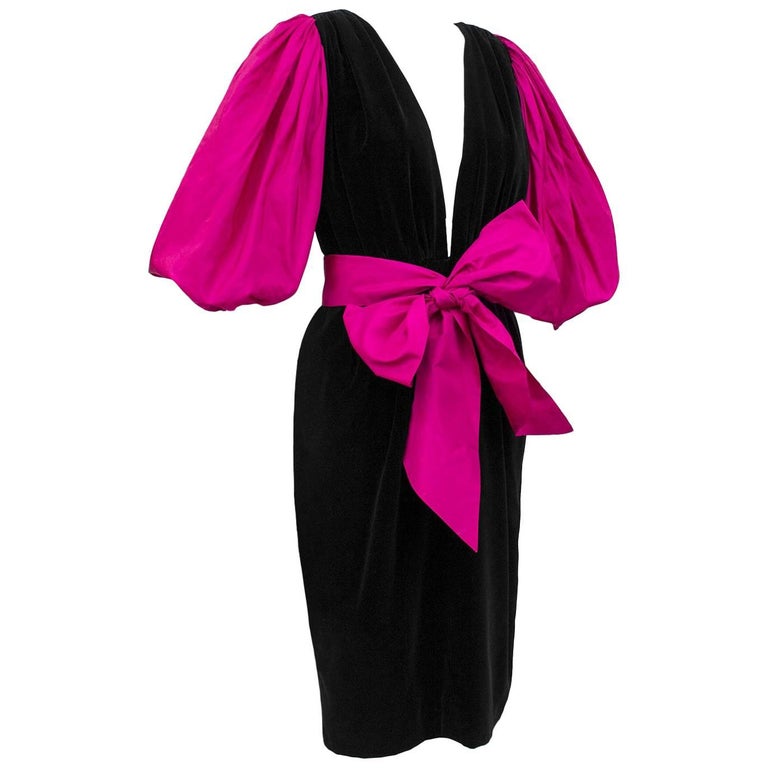 1980s Yves Saint Laurent/YSL Black Velvet Dress with Pink Balloon ...