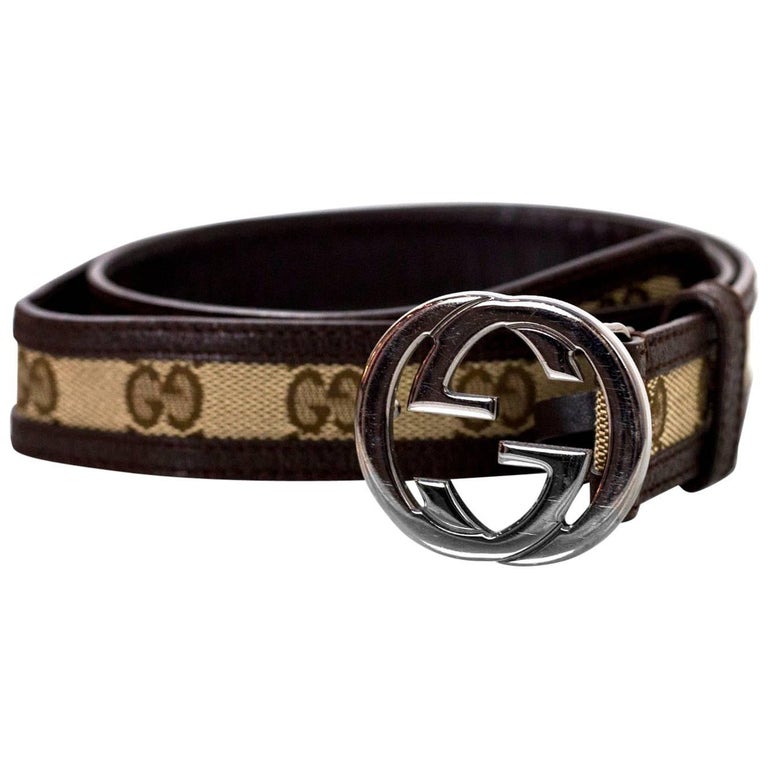 Gucci Brown Monogram and Leather GG Belt Sz 80cm/32" For Sale at 1stDibs