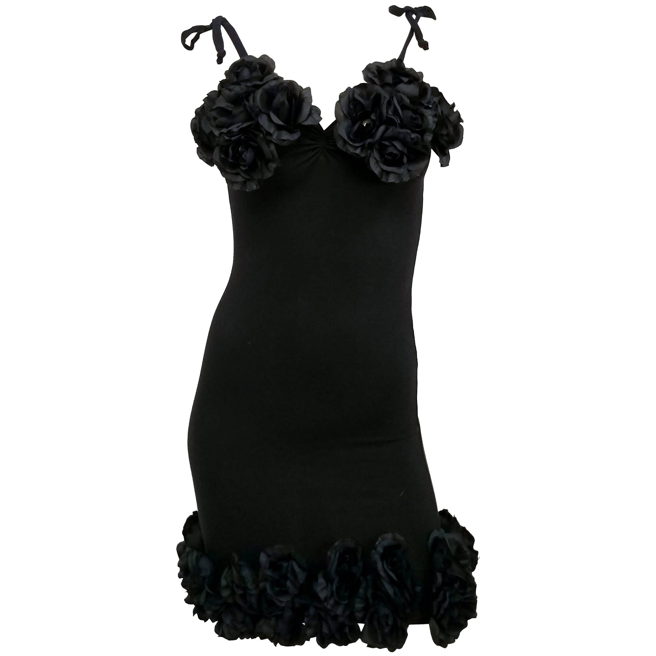 1990s Rachel London Black Jersey Bodycon Flower Bra Dress at 1stDibs