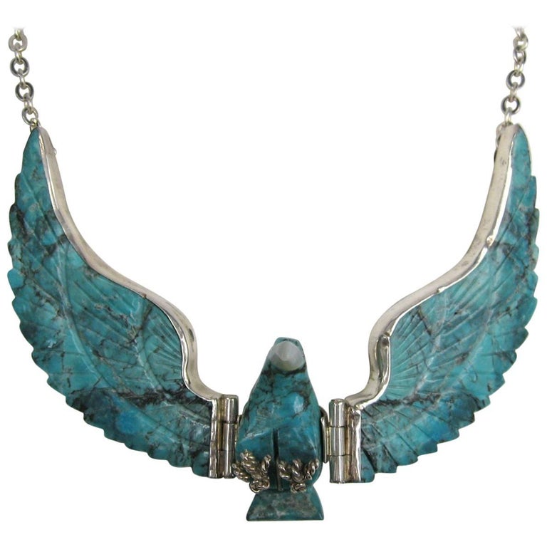 Navajo Sterling Silver Flying Turquoise Eagle Necklace Pendant Tribal