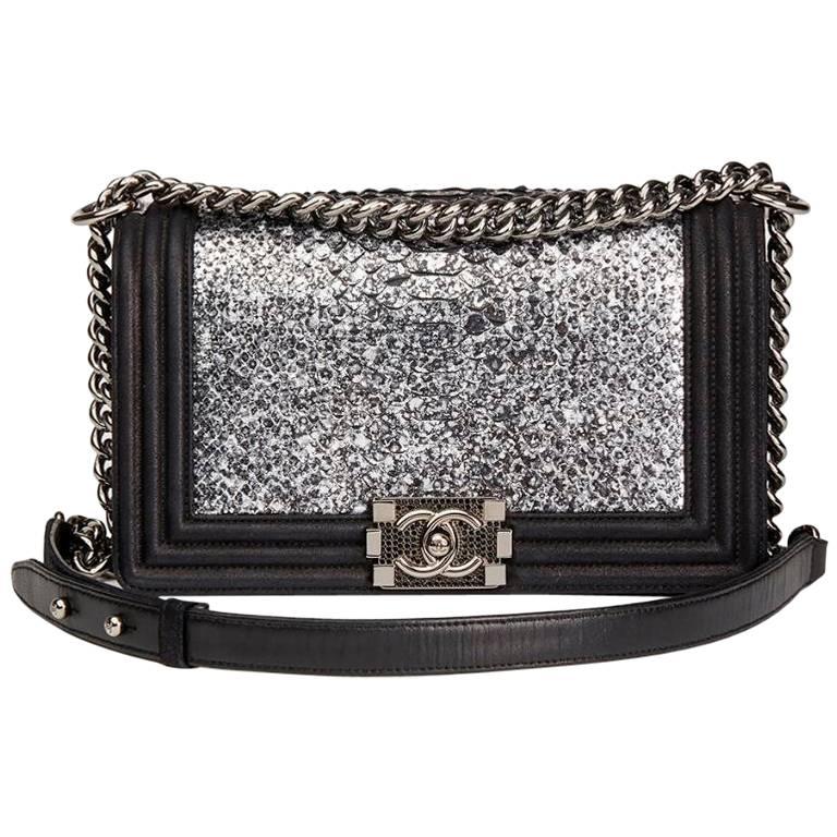 Chanel Silver Python Leather and Black Metallic Goatskin Medium Le Boy ...