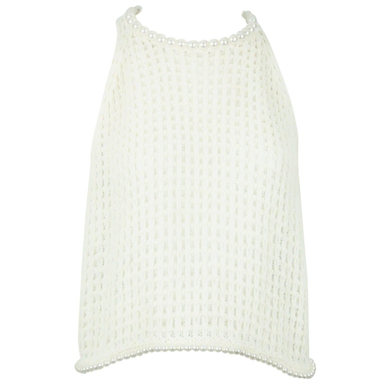 Chanel Ivory Silk and Cotton Crochet Knit Top with Pearl Detail - 40 ...