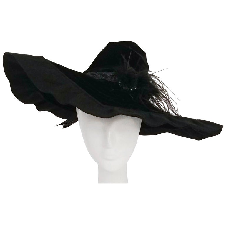 1940s Black Velvet Wide Brim Conical Hat at 1stDibs | black velvet hat