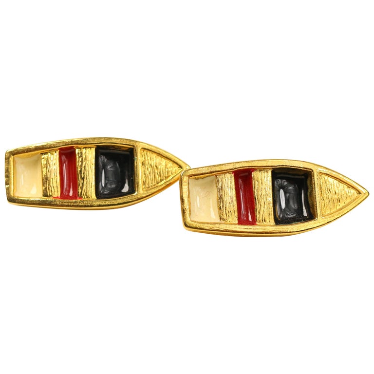 80s Escada Gold Toned Red/White/Blue Stripe Boat Brooches For Sale at ...