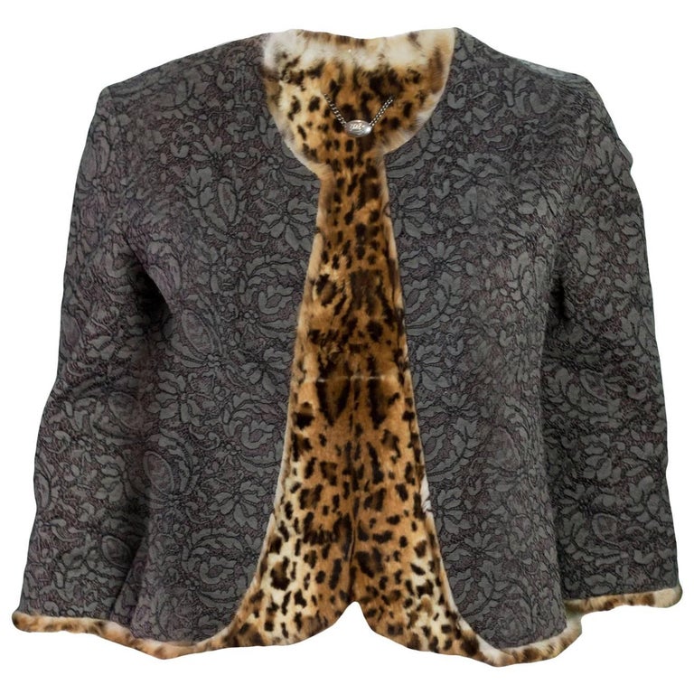 Tuleh Taupe Lace Jacket with Leopard Print Rabbit Trim Sz 6 For Sale at ...