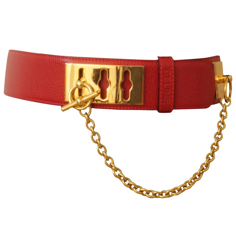 Celine Paris Red Leather Belt with Gold Chain Detail Size 65cm at ...