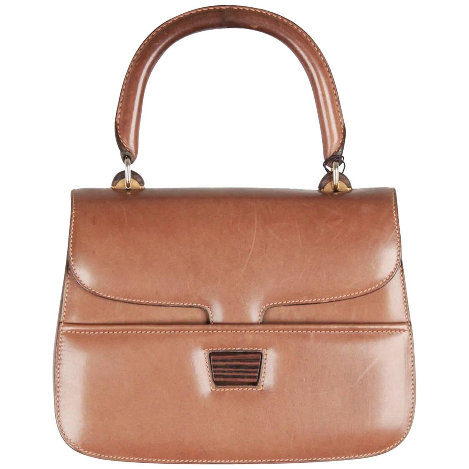 GUCCI VINTAGE Tan Leather HANDBAG w/ WOOD Detail at 1stDibs