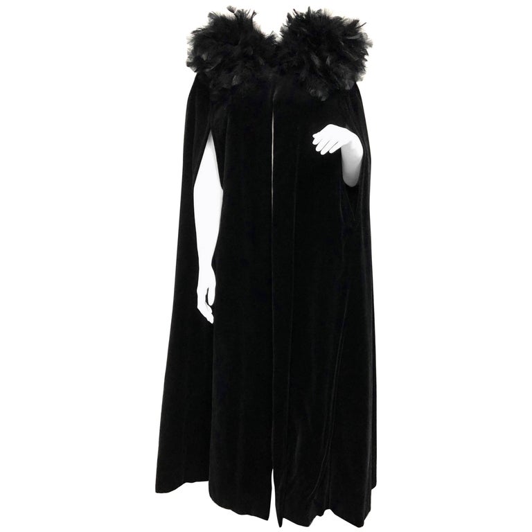 French Vintage Full Length Black Velvet and Feather Cape For Sale at ...