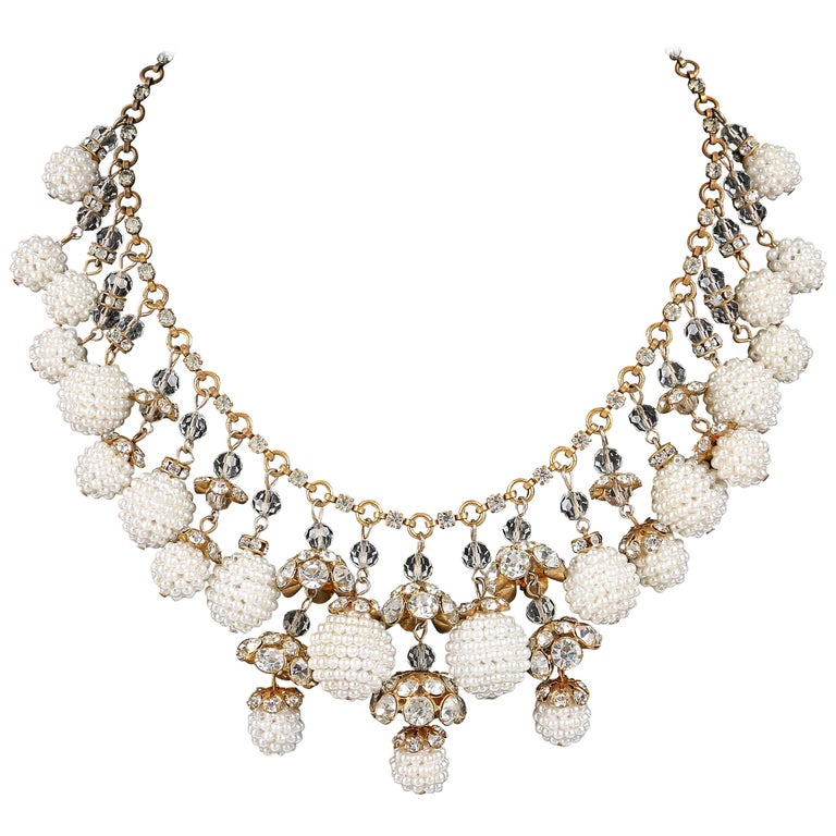 Crystal Rhinestone Pearl Cluster Gold Multi-drop Statement Bib Necklace ...