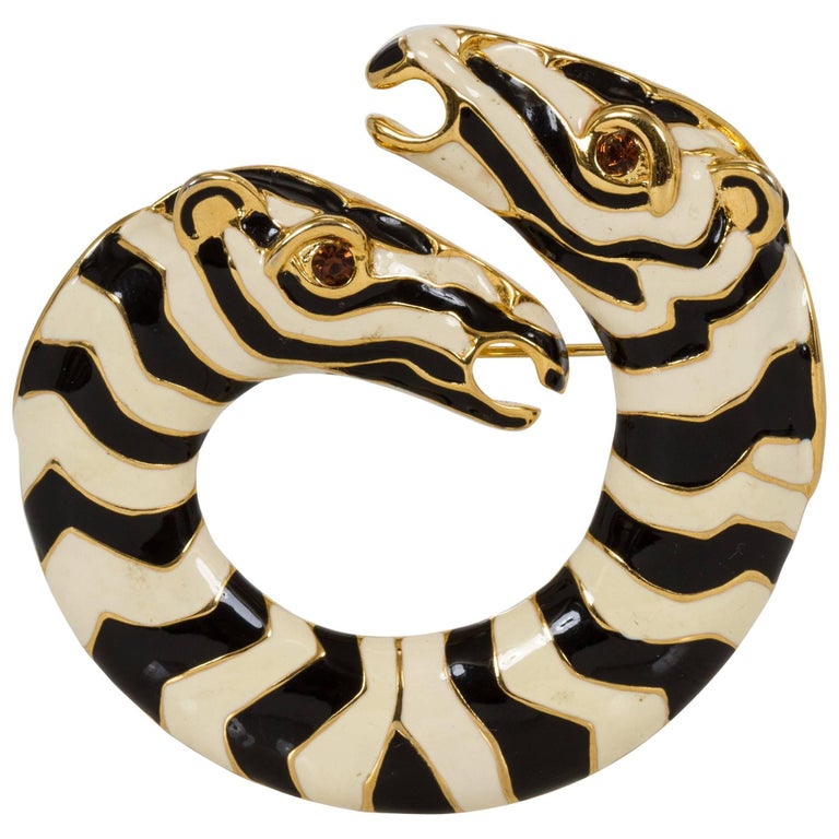 1990's KJL for Kenneth Jay Lane Enamel Zebra Gold Pin at 1stDibs