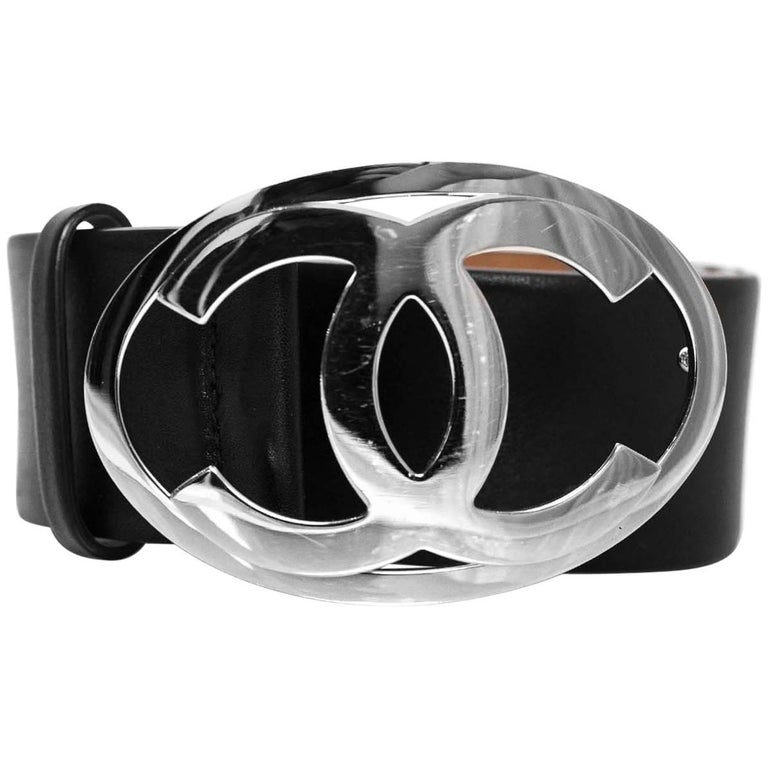 Chanel Black Leather CC Logo Belt Sz 80 For Sale at 1stDibs