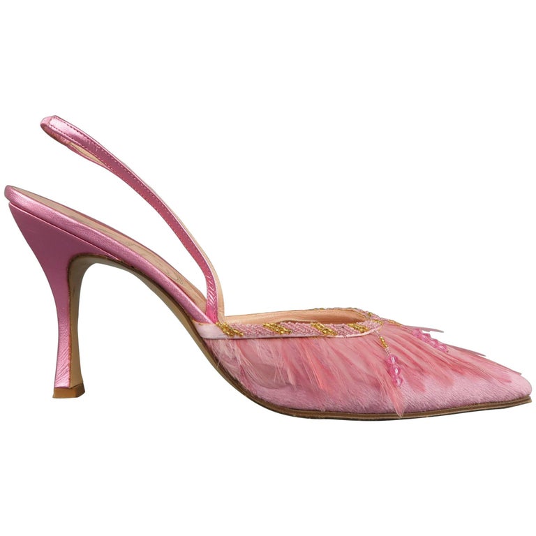 RENE CAOVILLA Size 9.5 Pink Beaded Feather Embellished Velvet Slingback ...