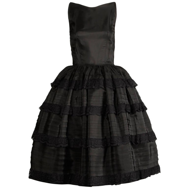 1950s Vintage Black Taffeta Lace Tiered Ruffle Full Sweep Cocktail Dress At 1stdibs