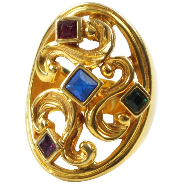 Yves Saint Laurent YSL Gold Plated Cocktail Ring Multicolor Rhinestones ...