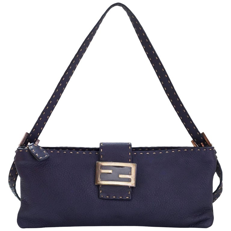 Fendi Navy Leather Selleria Pochette Bag For Sale at 1stDibs