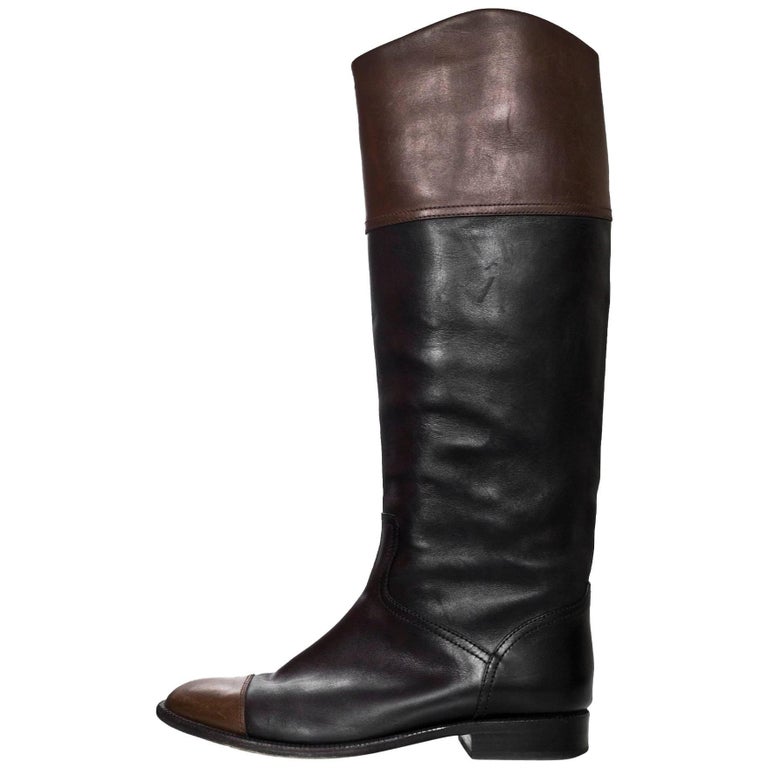 Chanel Black and Brown Leather Cap-Toe Riding Boots Sz 41 at 1stDibs