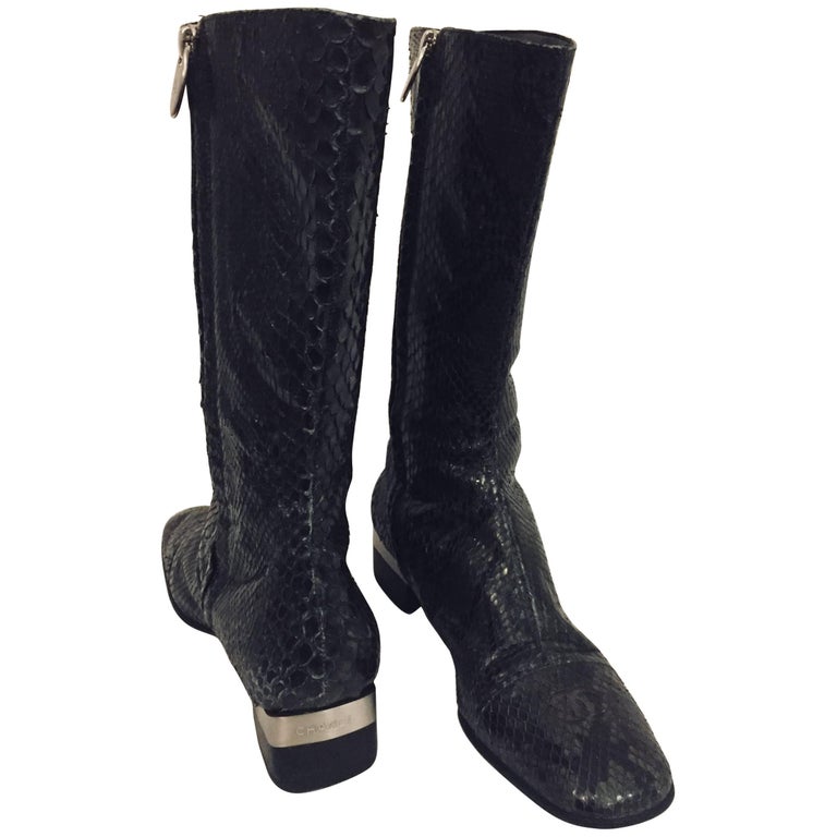 Chanel Green and Black Python Boots With Silver Metal Block Heels For ...