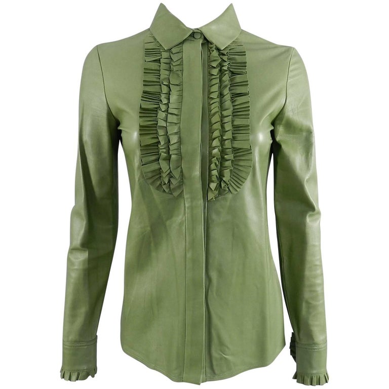 Gucci Spring 2014 Runway Green Leather Ruffle Shirt at 1stDibs