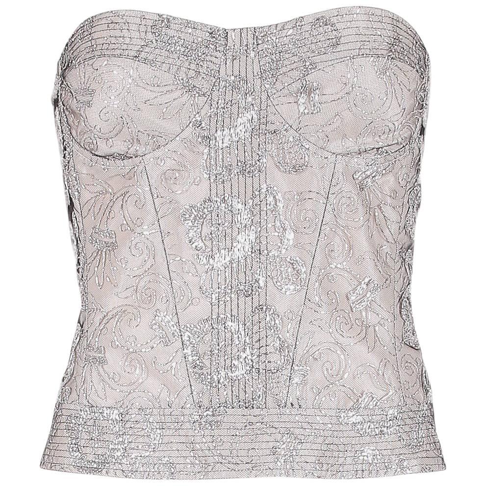 Christian Dior by John Galliano Metallic Silver Embroidered Bustier Top ...