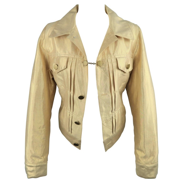 MARC JACOBS Size 8 Metallic Gold Linen Pleated Trucker Jacket at 1stDibs