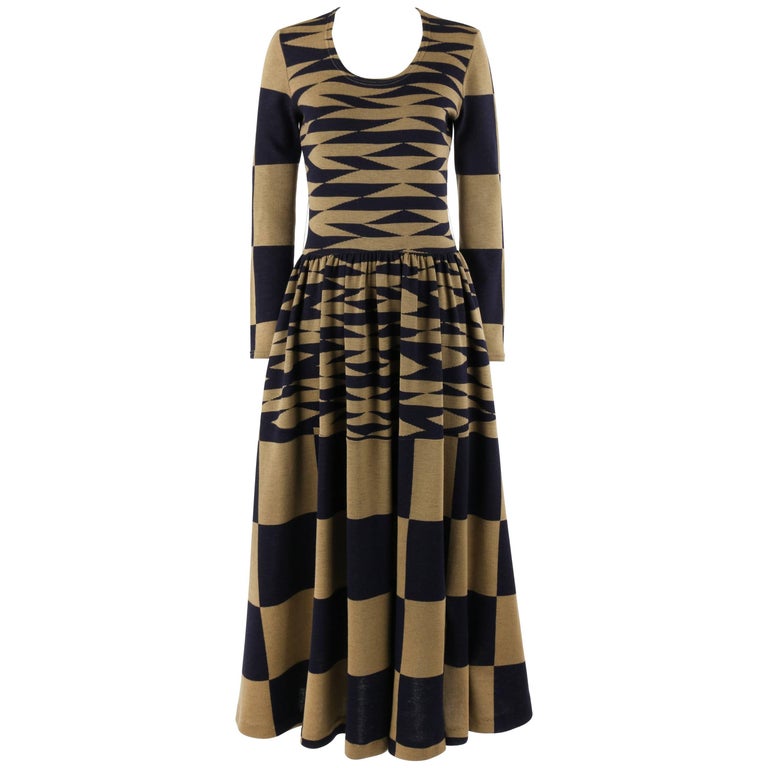 RUDI GERNREICH c.1971 Navy and Brown Op Art Check Pattern Wool Knit Mod ...