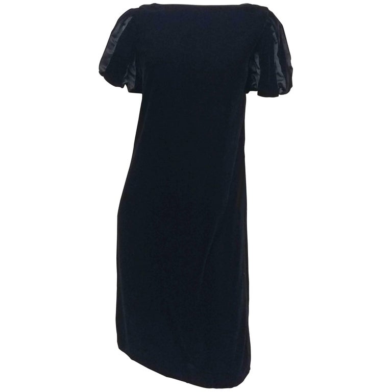 Victor Costa Black Velvet Slashed Sleeve Dress, 1980s For Sale at 1stDibs