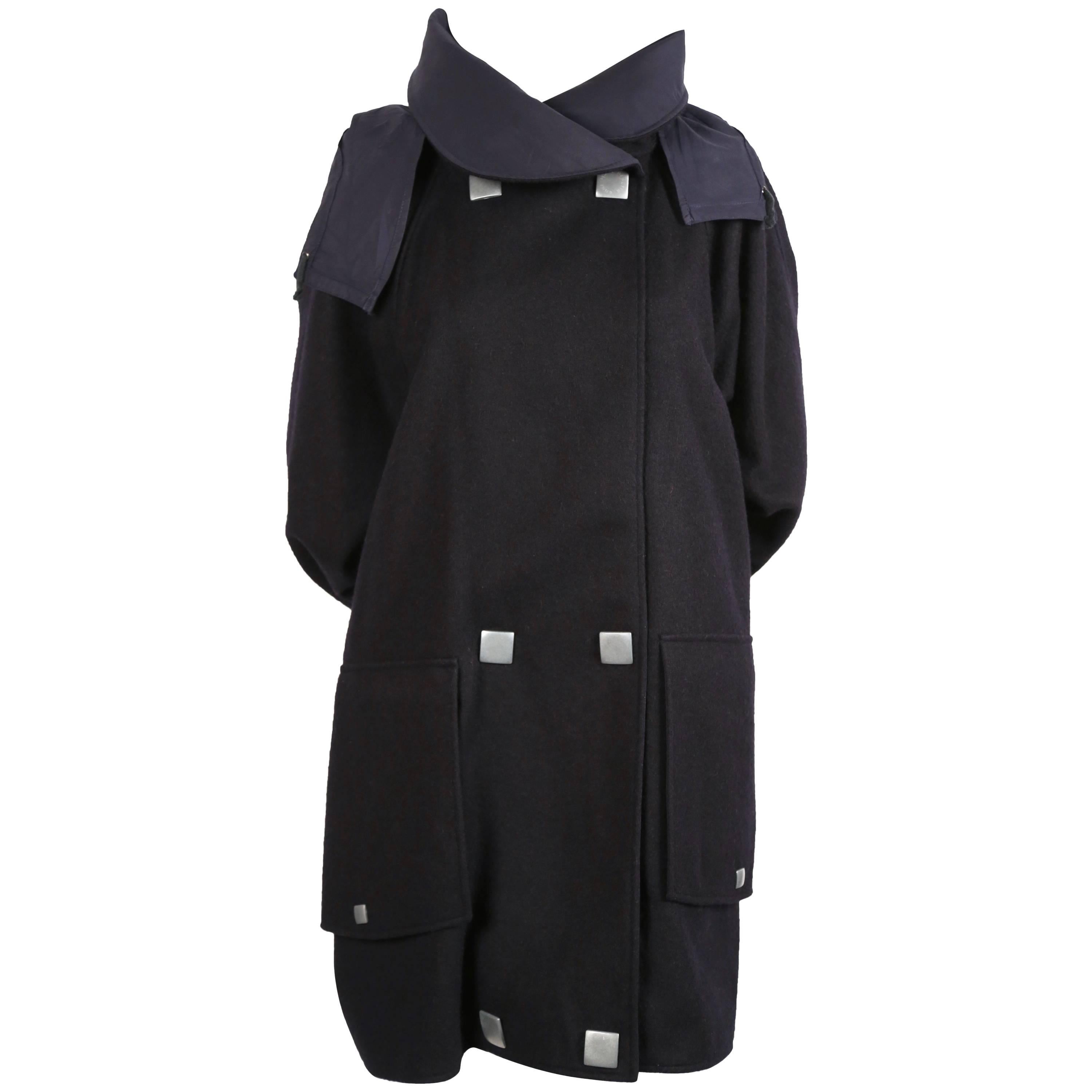1982 ANNE MARIE BERETTA dark navy oversized wool coat with metal snaps ...