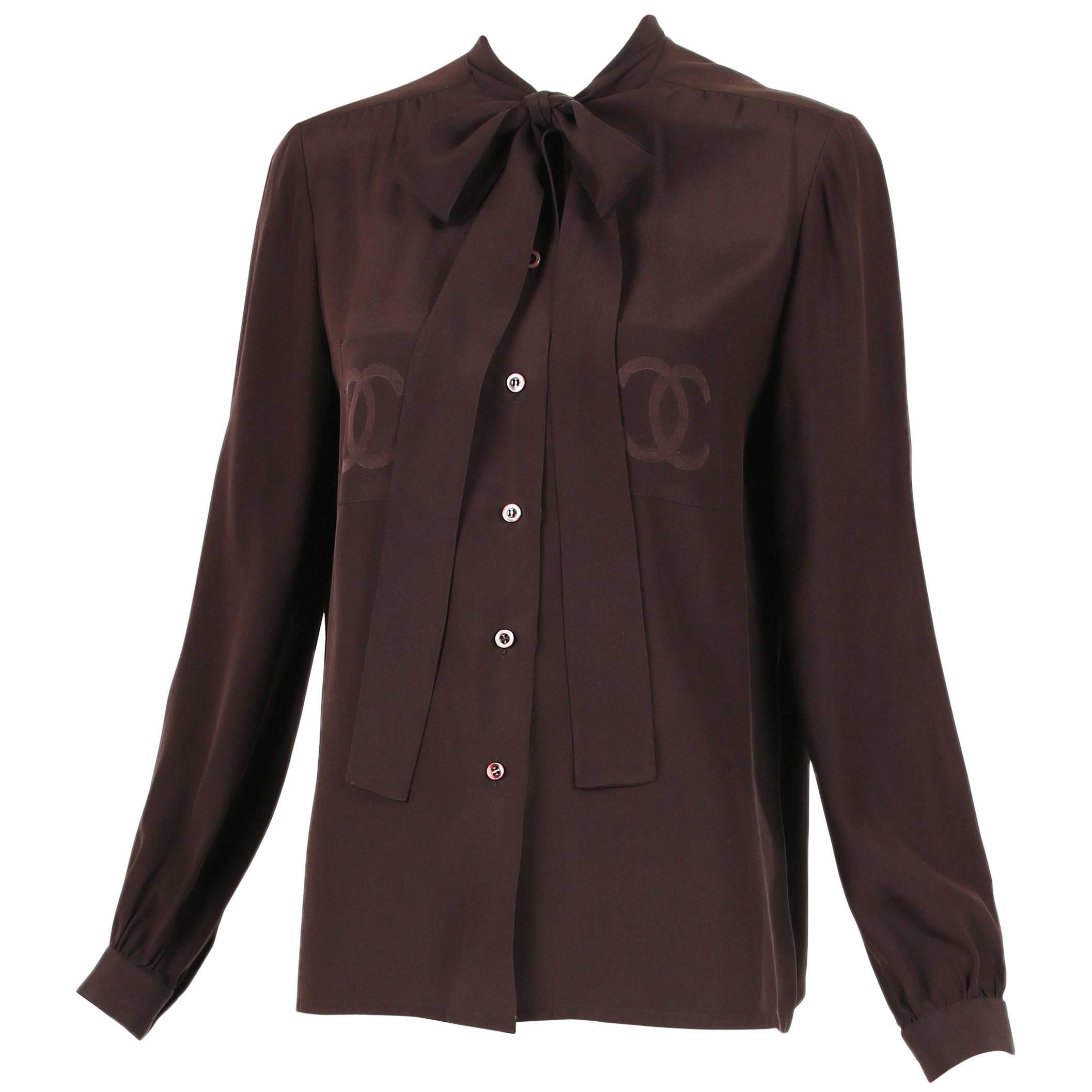 Vintage Chanel Brown Silk Blouse W/CC Logo at Front Pockets at 1stDibs ...