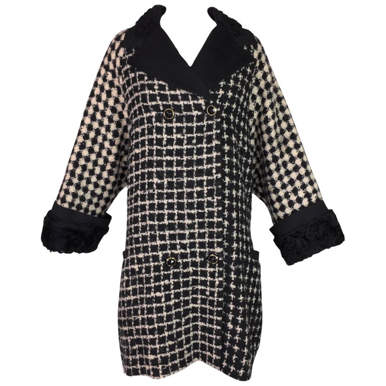 F/W 1990 Gianni Versace Black and Ivory Nubby Wool Swing Opera Coat ...