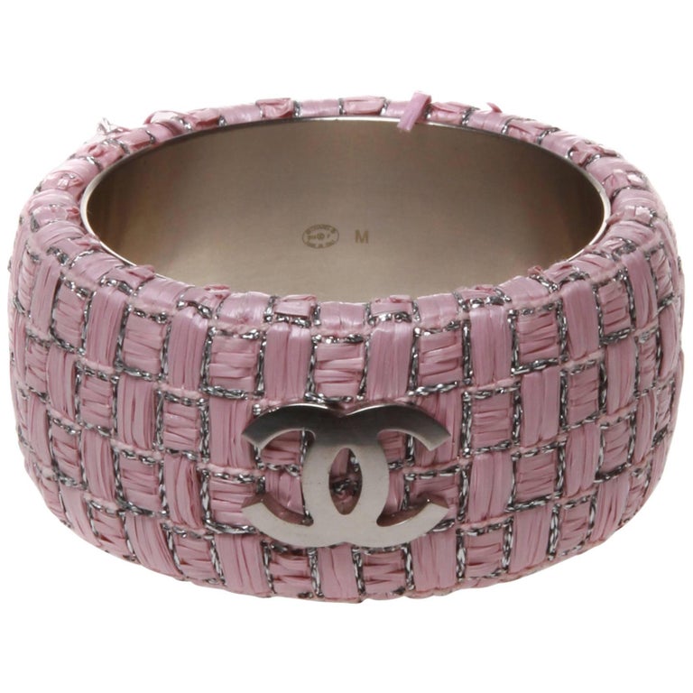 Chanel Medium pink woven cuff with three CC logos For Sale at 1stDibs