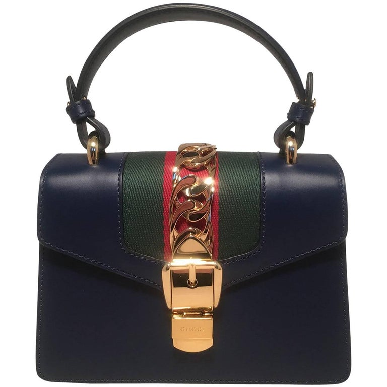 Gucci Navy Blue Leather Sylvie Mini Handbag For Sale at 1stdibs