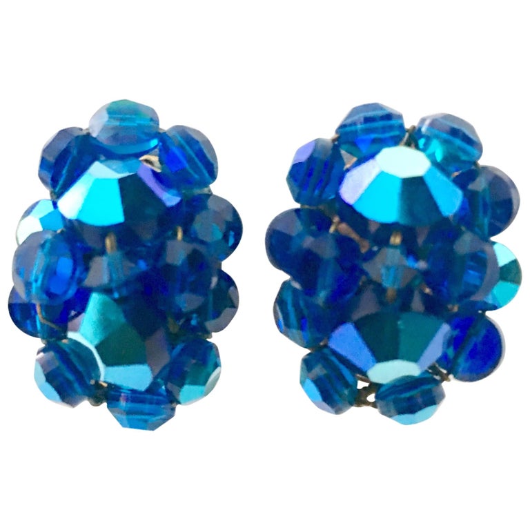 50'S Silver and Peacock Blue Art Glass Bead and Swarovski Crystal ...