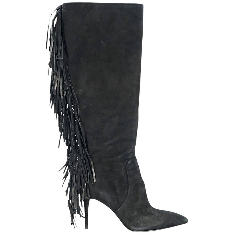 Black Brian Atwood Suede Fringed Boots For Sale at 1stDibs
