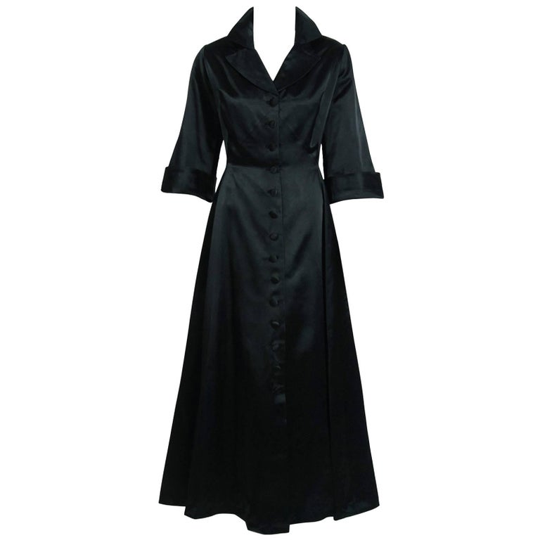 1955 Chanel Haute-Couture Black Satin Wide Cuff Full-Length Princess ...