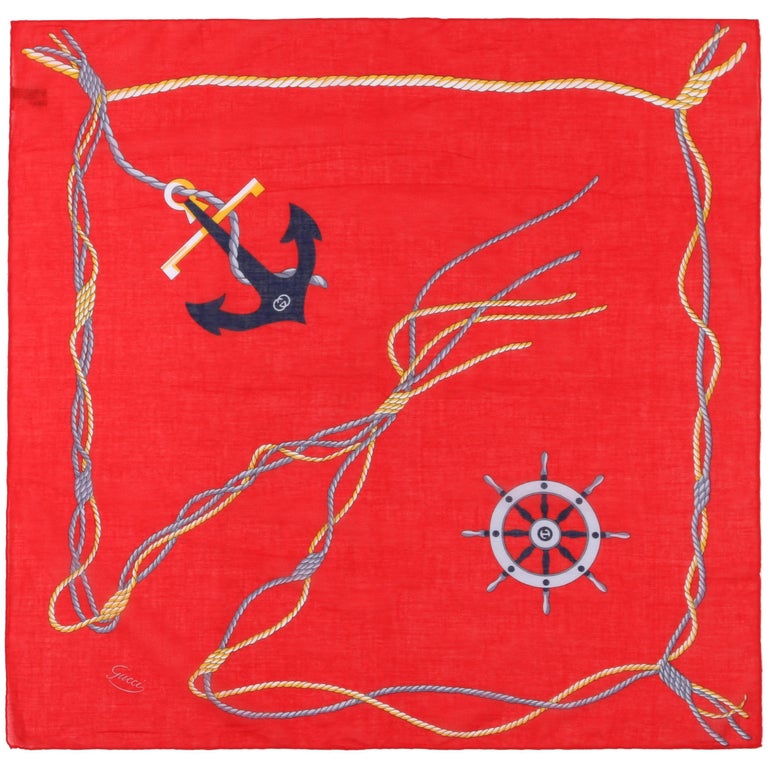 GUCCI c.1980''s Red Nautical Anchor Rope Print Square Cotton Scarf at ...