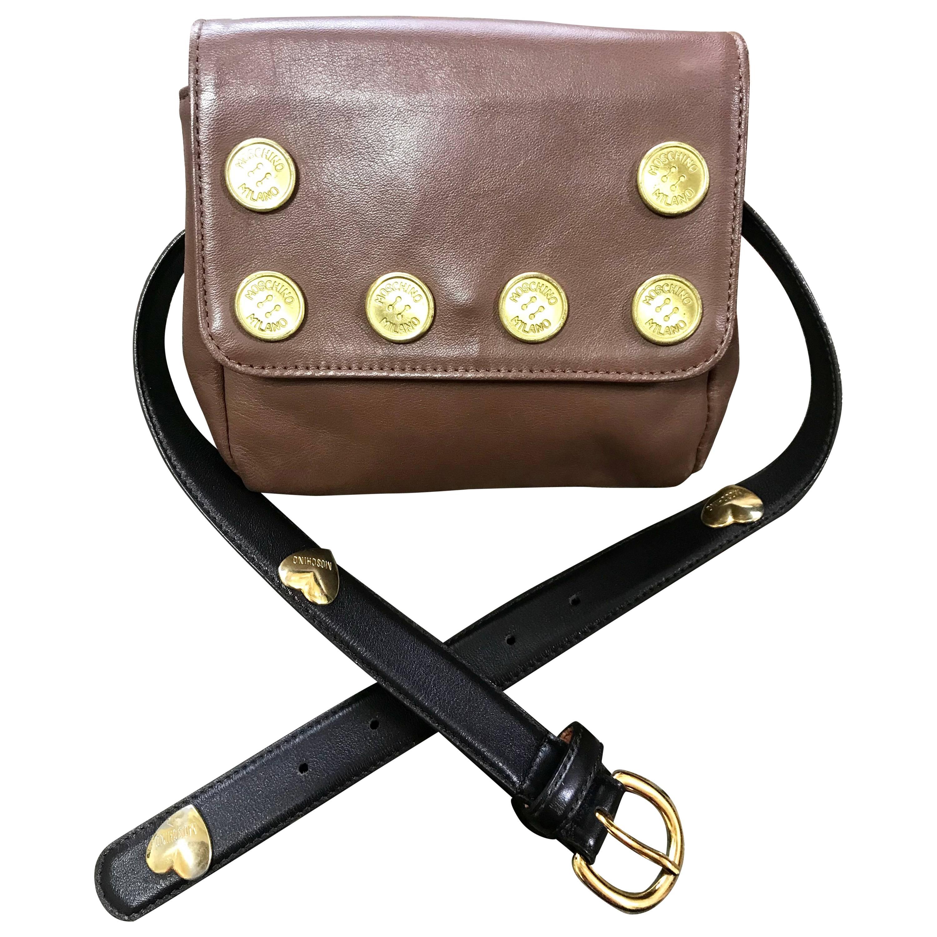 Vintage MOSCHINO brown fanny pack, clutch bag with button motifs and ...