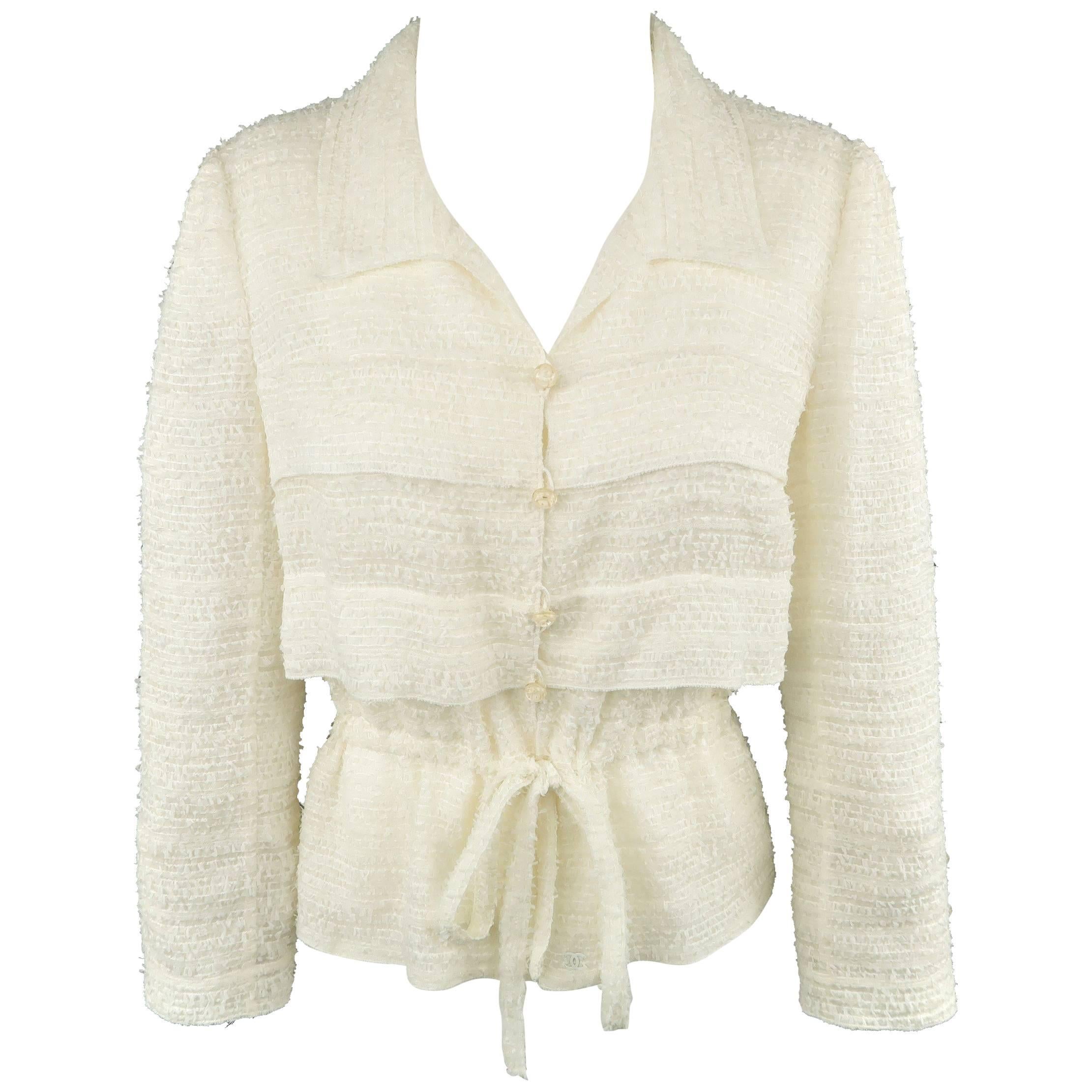Chanel Jacket - Cream Textured Silk Blend Drawstring Waist Coat at ...